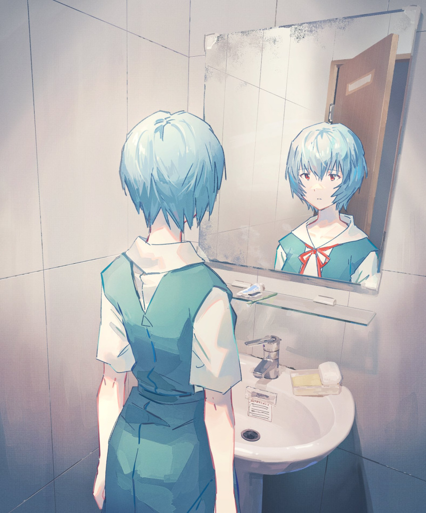 The Big ImageBoard (TBIB) - 1girl aqua skirt ayanami rei bathroom blouse blue hair closed mouth ...