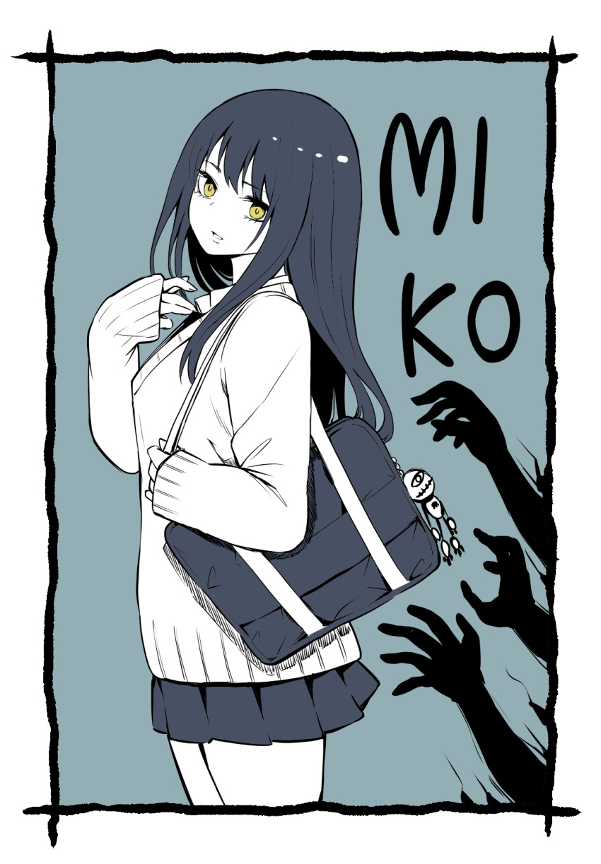 The Big Imageboard Tbib 1girl 1other Bag Black Hair Blue Background