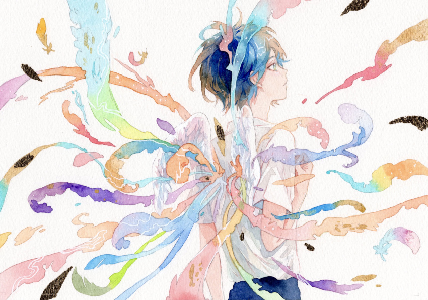 The Big ImageBoard (TBIB) - 1boy abstract absurdres arm at side bare arms black hair blue hair ...
