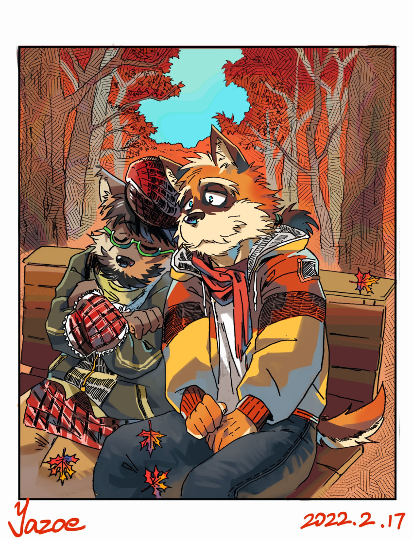 The Big ImageBoard (TBIB) - 2022 anthro autumn bench bottomwear brown body canid canine canis ...
