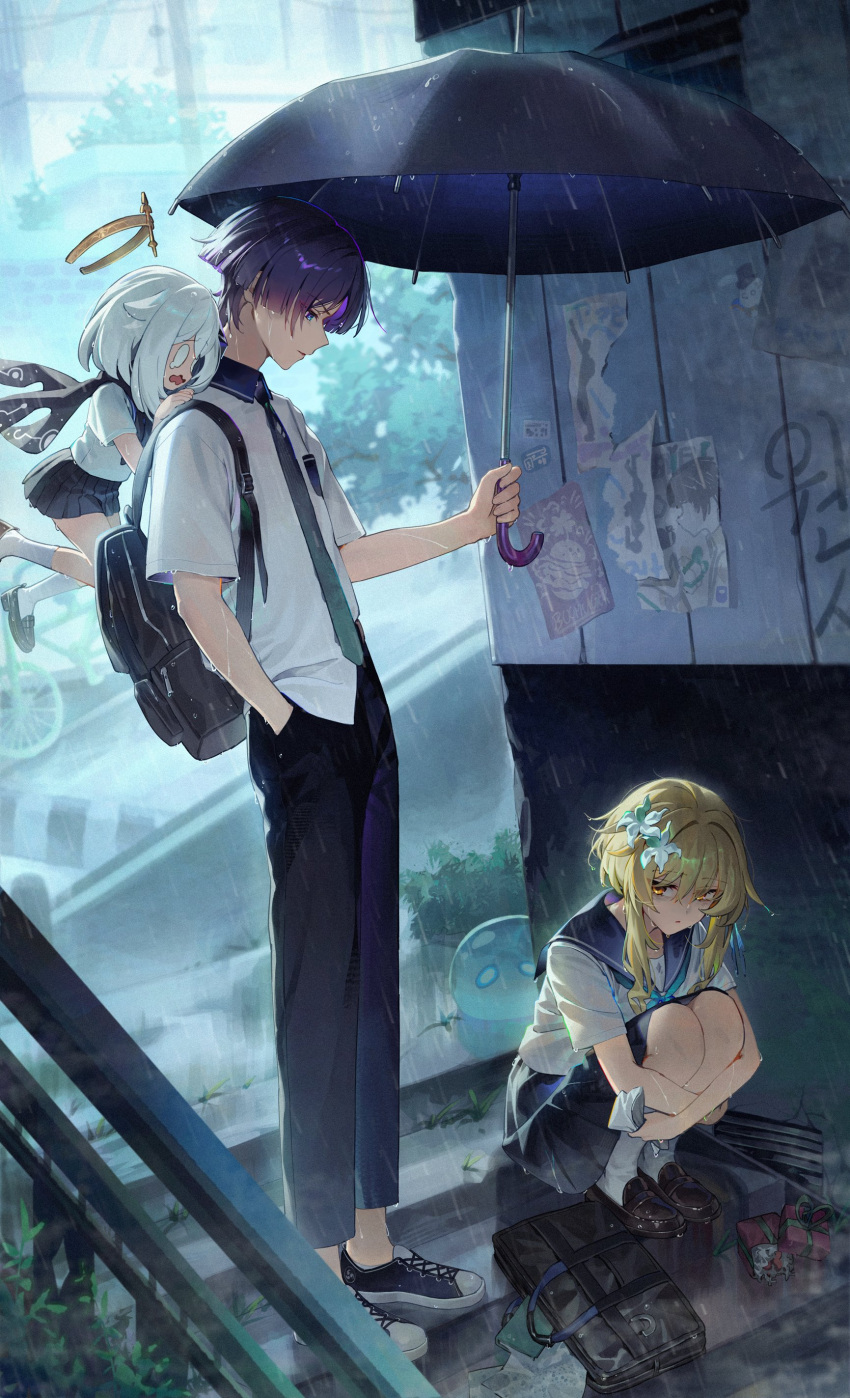The Big ImageBoard (TBIB) - 1boy 2girls absurdres backpack bag black pants blonde hair blue eyes ...