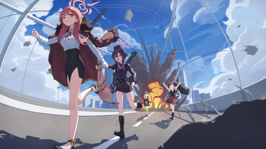 The Big Imageboard Tbib 4girls D Arms Up Aru Blue Archive Belt Black Boots Black Hair 